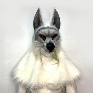 White With Gray Werewolf Headdress, Red Eye, Gray Wolf Mask, Animal ...