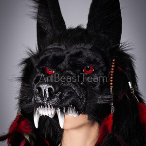 Black Werewolf Wolf Red Eyes Headdress Mask Faux With Red Feathers ...