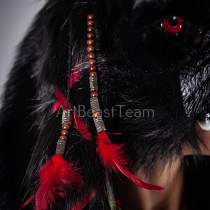 Black Werewolf Wolf Red Eyes Headdress Mask Faux With Red Feathers ...