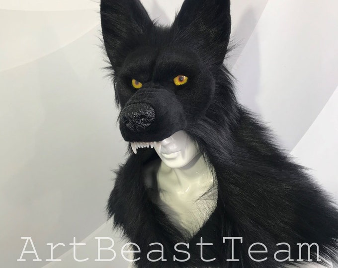 Werewolf GREEN EYES Headdress, Black Werewolf Mask, Black Wolf Mask ...