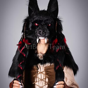 Black Werewolf Wolf Red Eyes Headdress Mask Faux With Red Feathers ...