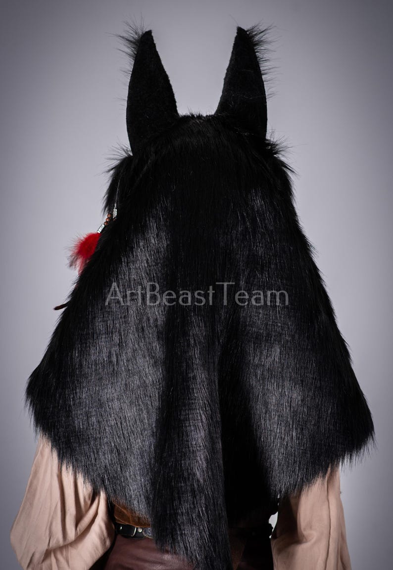Black Werewolf Headdress: Faux Fur, Red Eyes, Cosplay Costume Mask ...