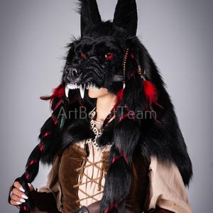 Black Werewolf Wolf Red Eyes Headdress Mask Faux With Red Feathers ...