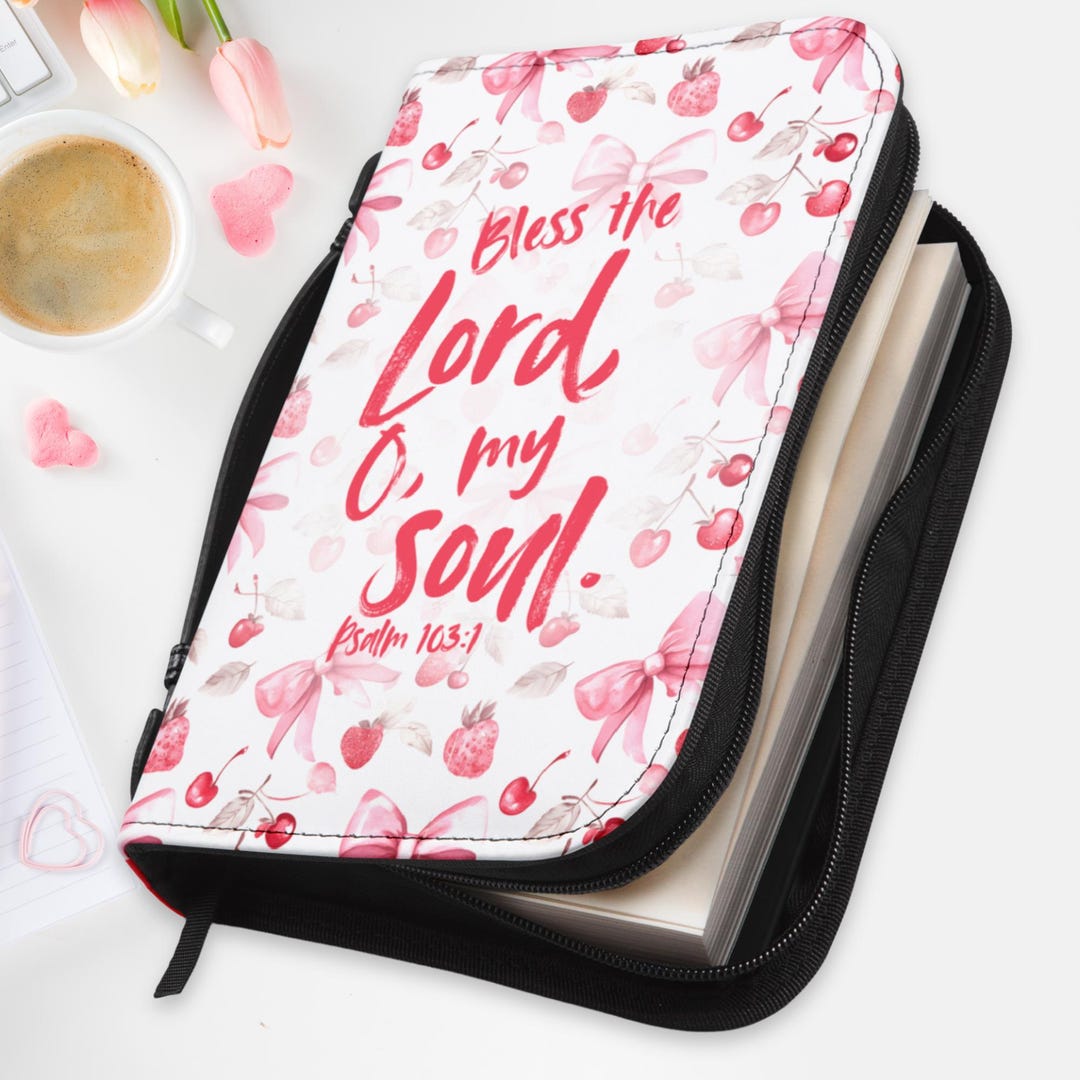 Strawberry Cherry Pink Bows Bible Case, Bless the Lord Bible Cover ...