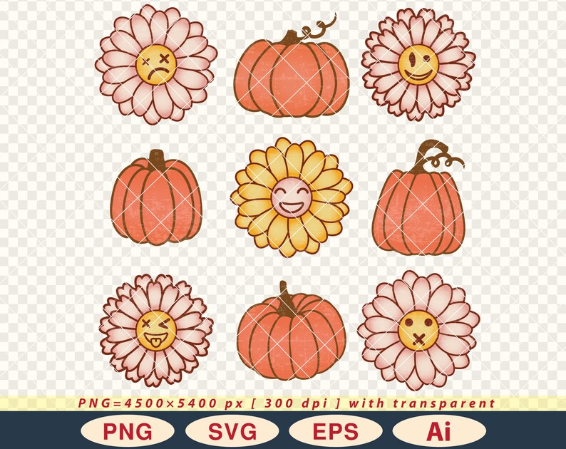 Retro Fall PNG Vintage Pumpkins & Flowers - Etsy