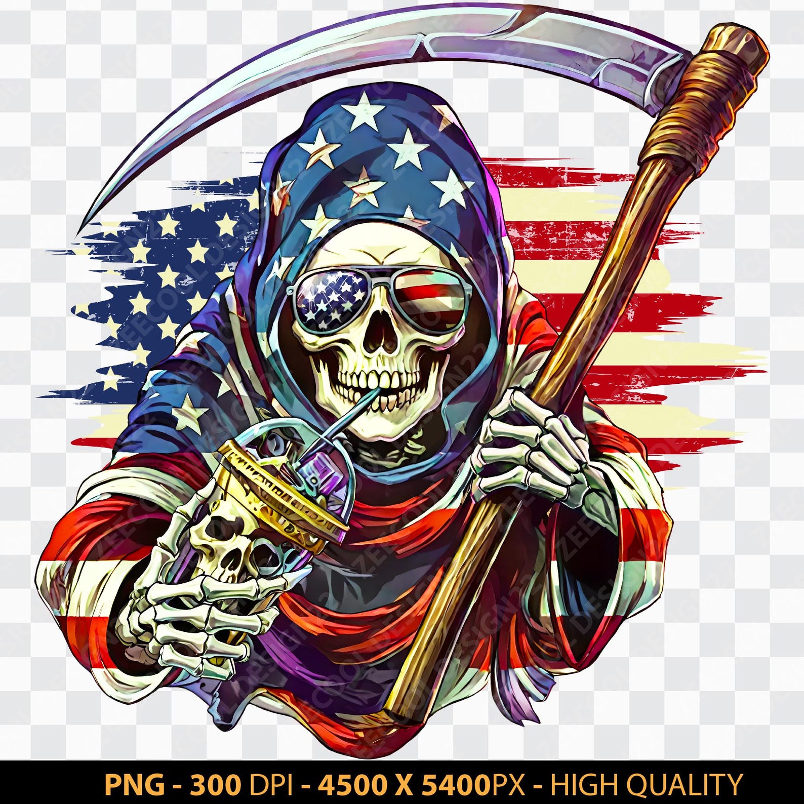 Coffee Grim Reaper Usa Flag PNG, Grim Reaper US Flag Png, Skeleton Png ...
