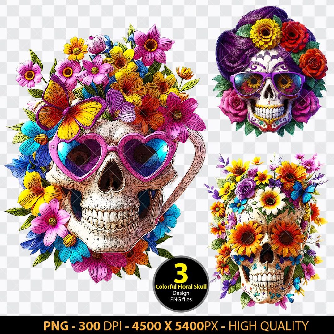 Colorful Floral Skull PNG, Colorful Skull Png, Watercolour Floral Skull ...