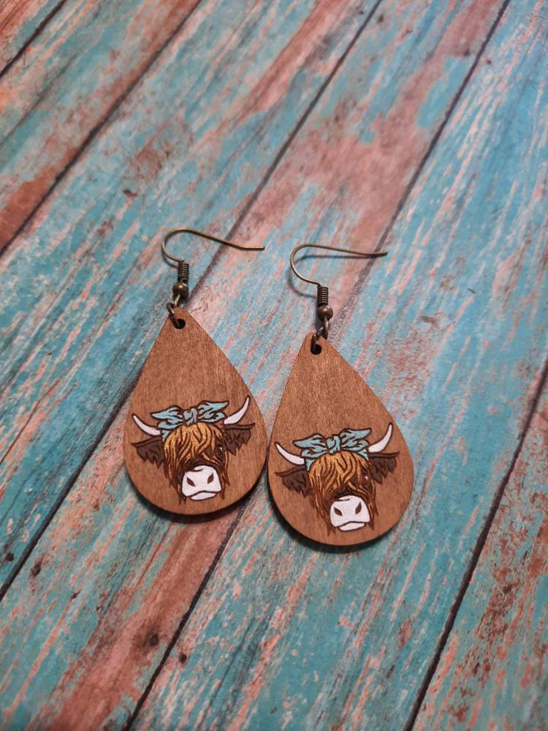Laser Engraved Cherry Wood Highland Cow Earrings. Hand Painted and ...