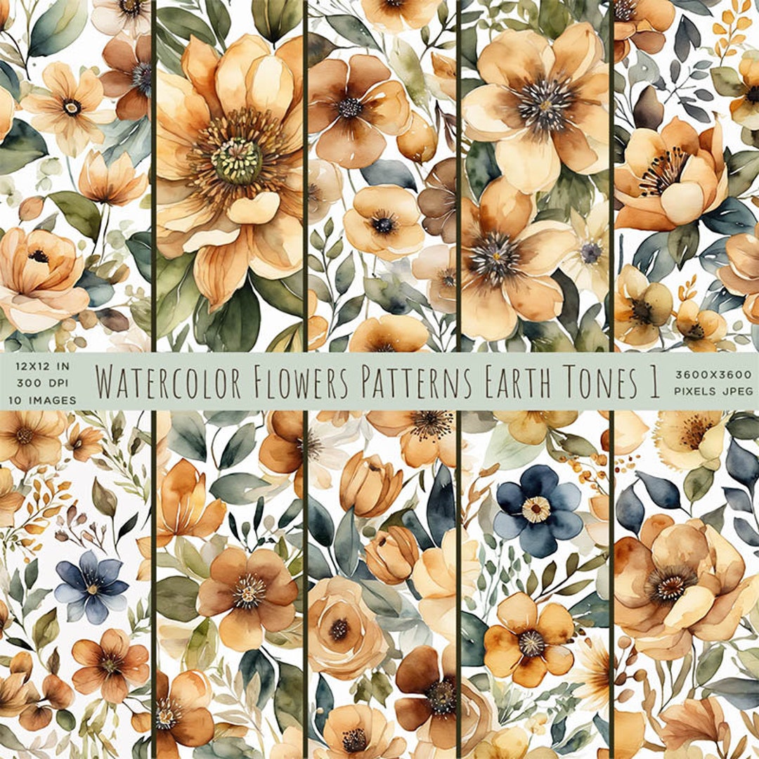 Watercolor Flowers Patterns Earth Tones - 10 High Resolution JPG Images ...