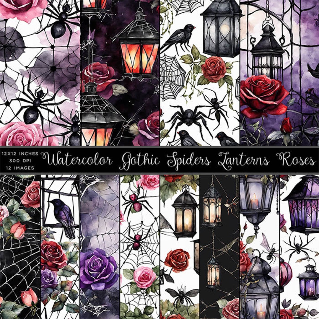 Watercolor Gothic Spiders Lanterns Roses Halloween Dark Fantasy Scary ...