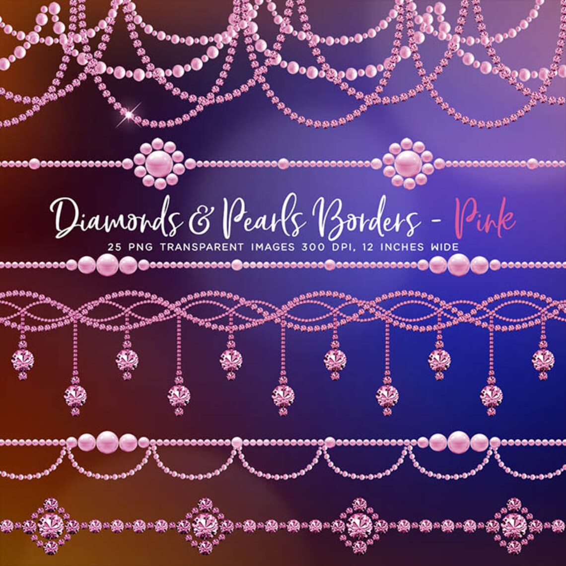 Luxury Diamonds & Pearls Borders Pink Clip Art Gemstone - 25 PNG ...