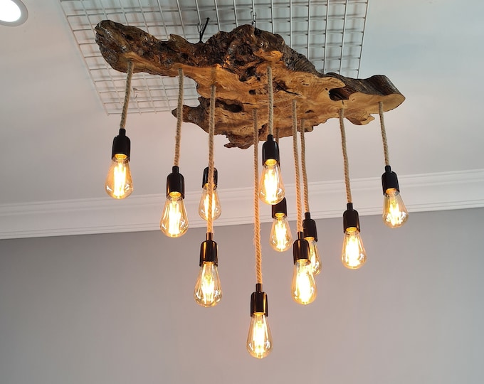 Rustic Live Edge Olive Wood Slab Chandelier, Lighting Fixture for ...