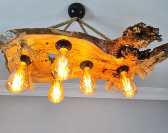 Rustic Live Edge Olive Wood Slab Chandelier, Modern Lighting Fixture ...