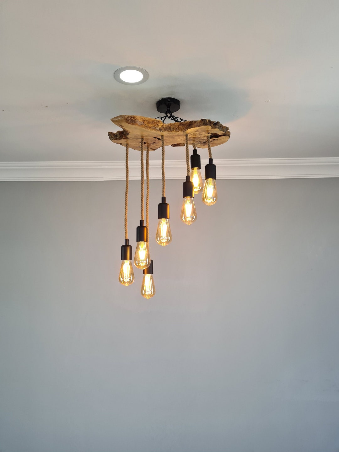 Live Edge Olive Wood Slab Pendant Chandelier, Rustic Hanging Lighting ...
