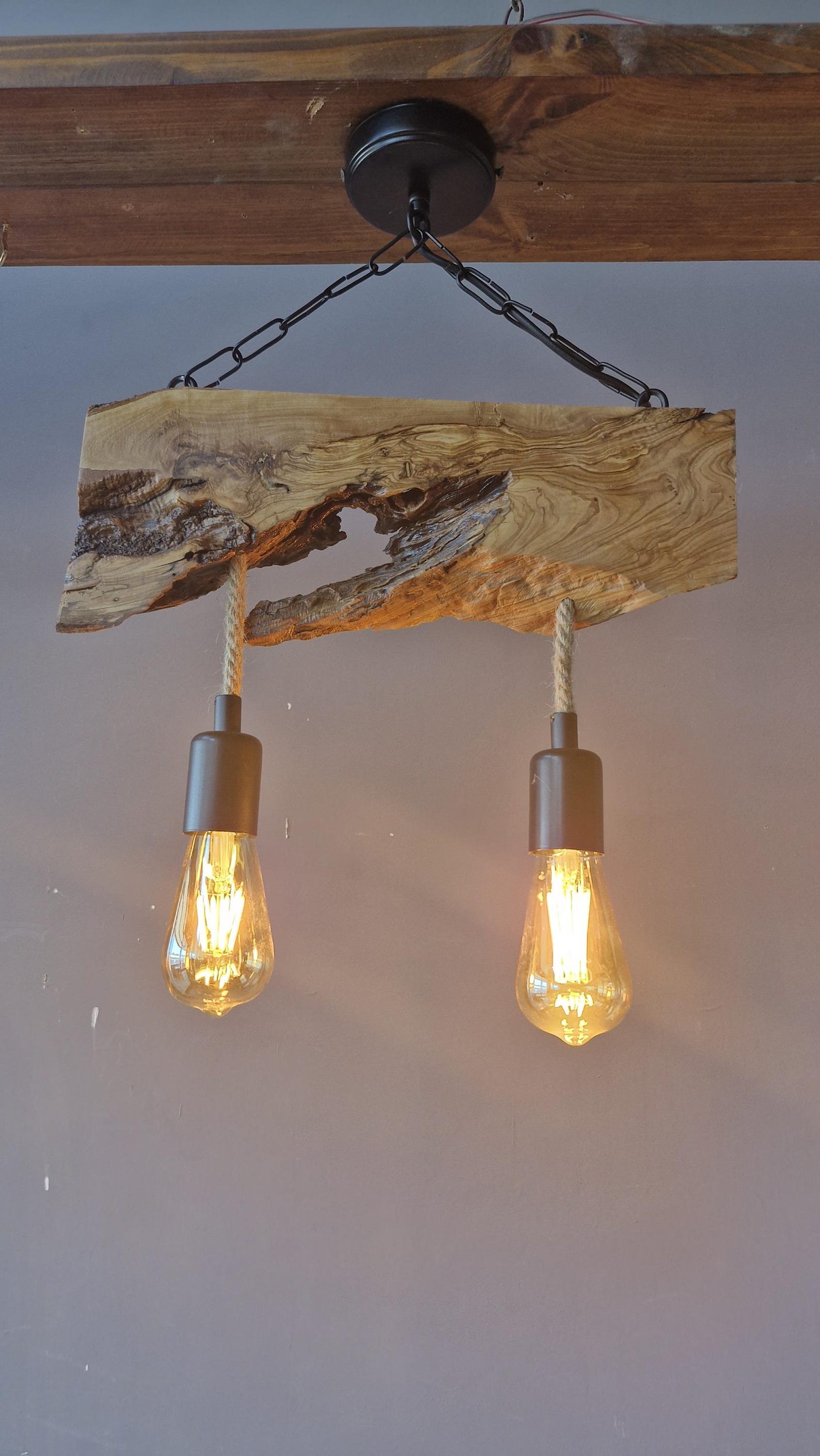 2 Bulbs Live Edge Olive Wood Light Fixture for Low Ceiling, Rustic ...