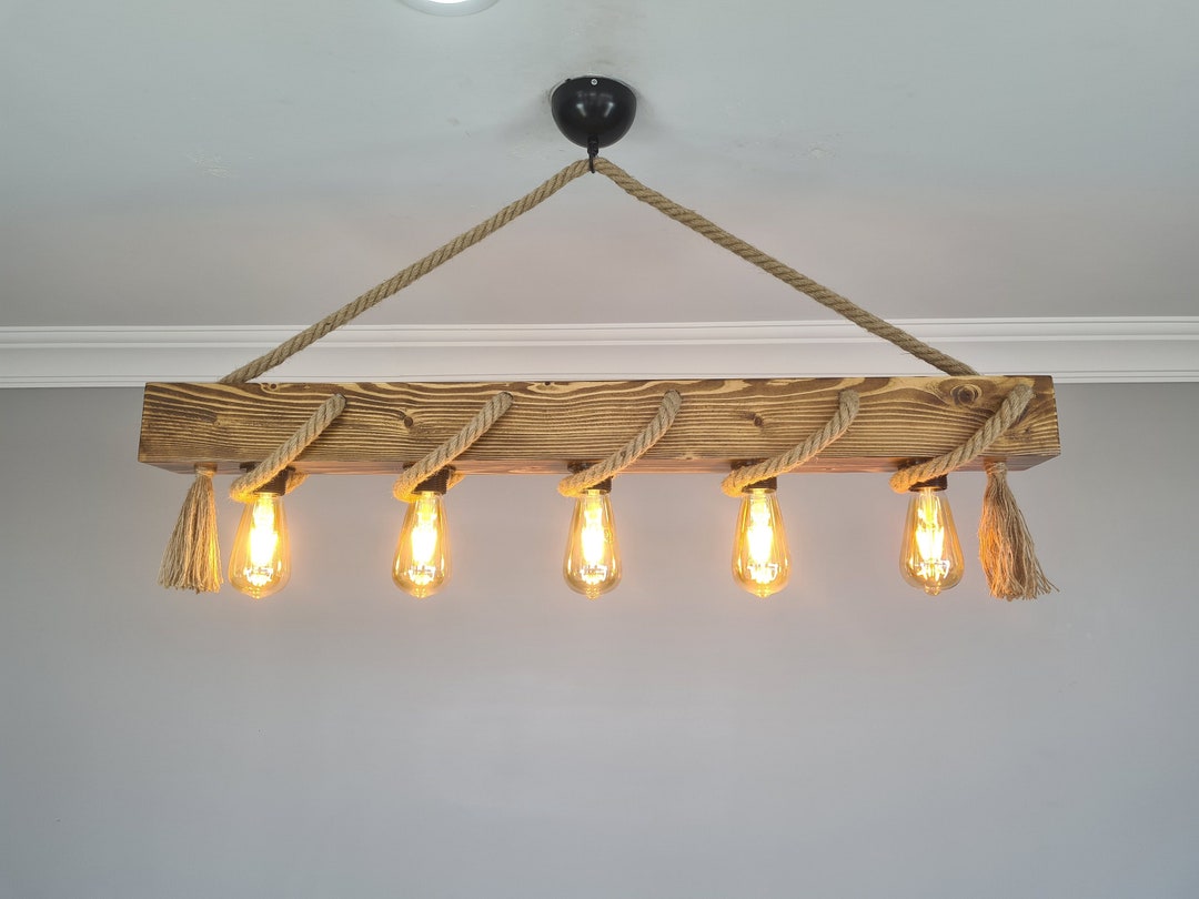 Wooden Beam Light Fixture, Rustic Farmhouse Wood Chandelier, Rope ...