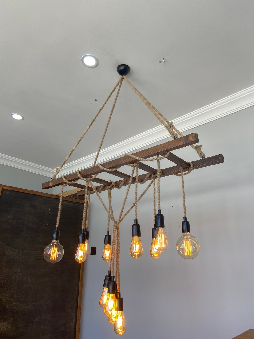 Wooden Ladder Pendant Chandelier, Rustic Farmhouse Lighting for Dining ...