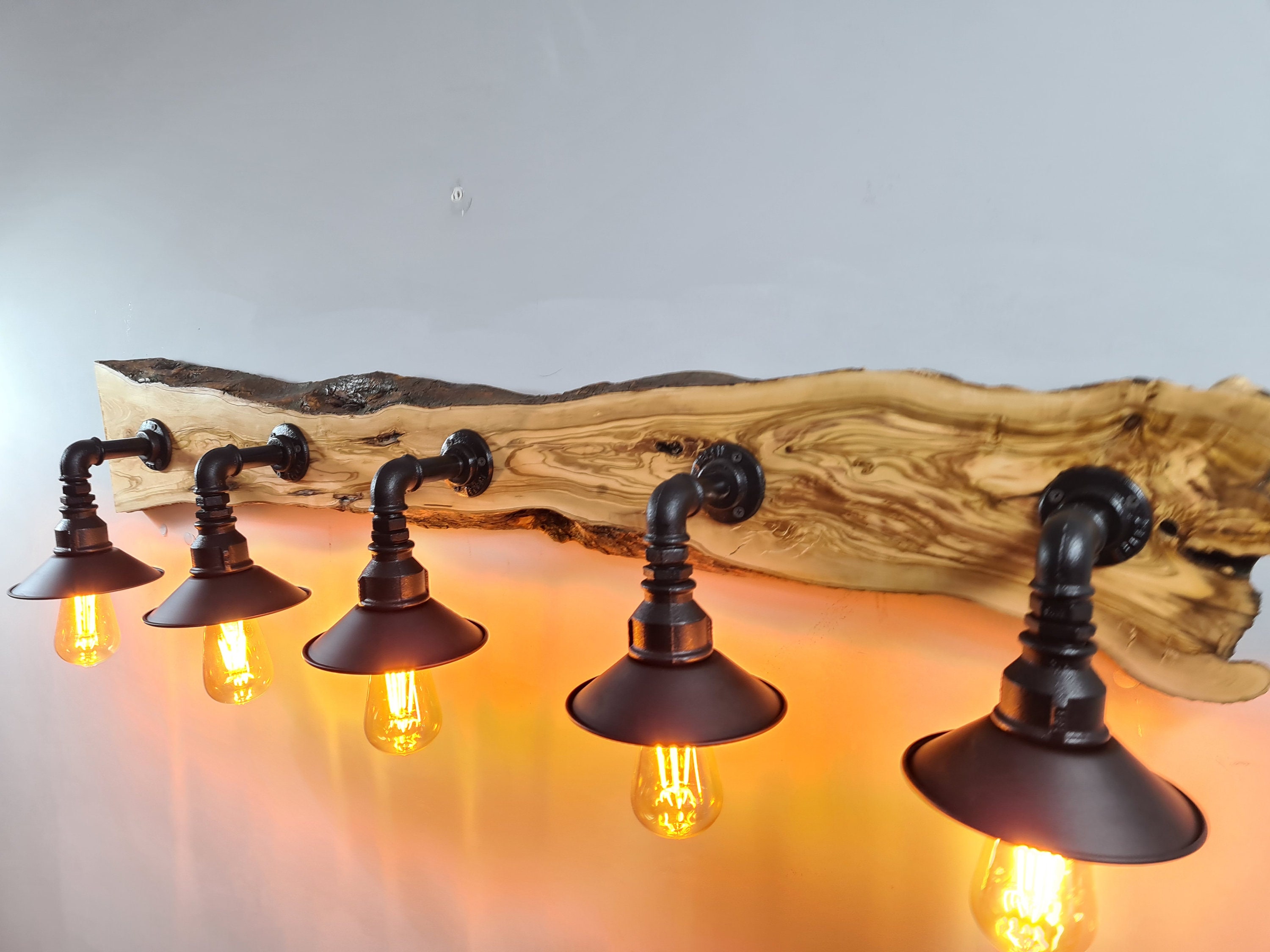 Olive Wood Farmhouse Bathroom Vanity Lighting, Live Edge Wooden Wall ...