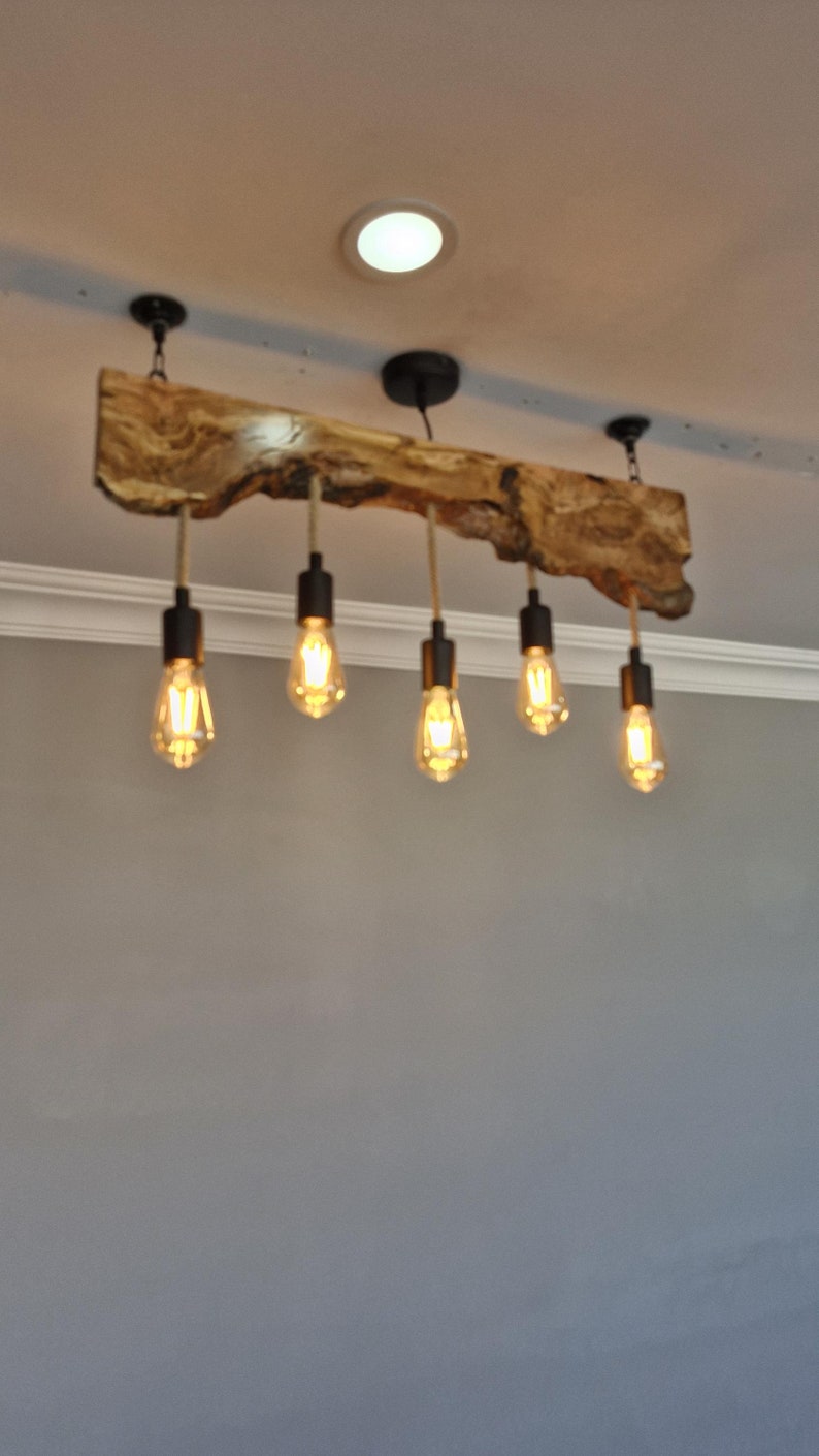 Olive Wood Chandelier for Low Ceiling, Live Edge Rustic Pendant Light ...