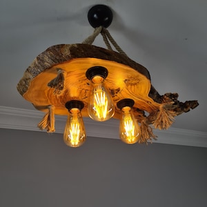 Live Edge Olive Wood Slab Pendant Chandelier, Rustic Lighting Fixture ...