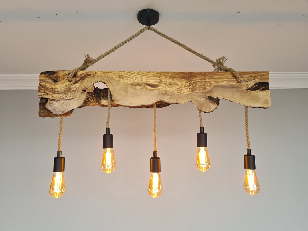 Farmhouse Olive Wood Chandelier, Rustic Wooden Live Edge Light Fixture ...