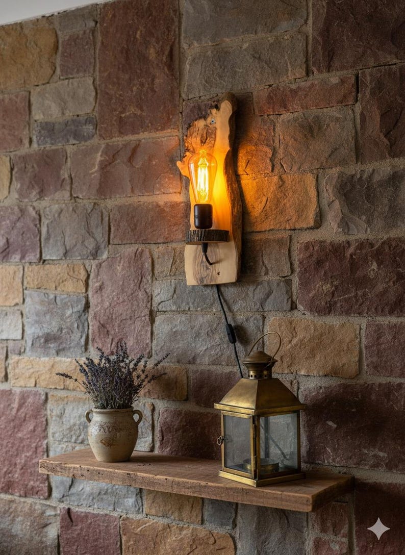 Live Edge Olive Wood Wall Light Fixture, Rustic Wooden Wall Lamp ...