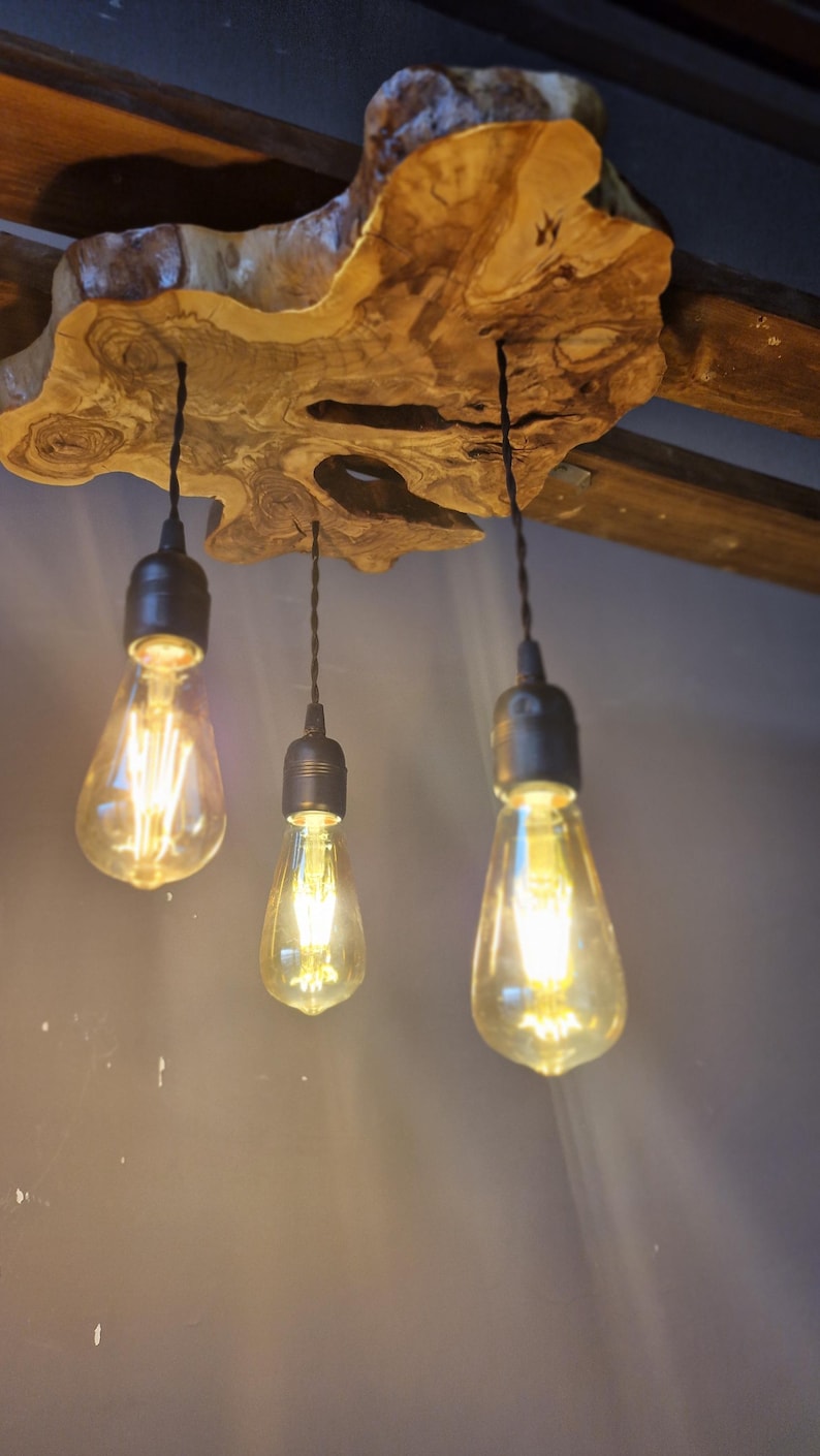 Live Edge Round Olive Wood Lighting Fixture for Dining Table and ...