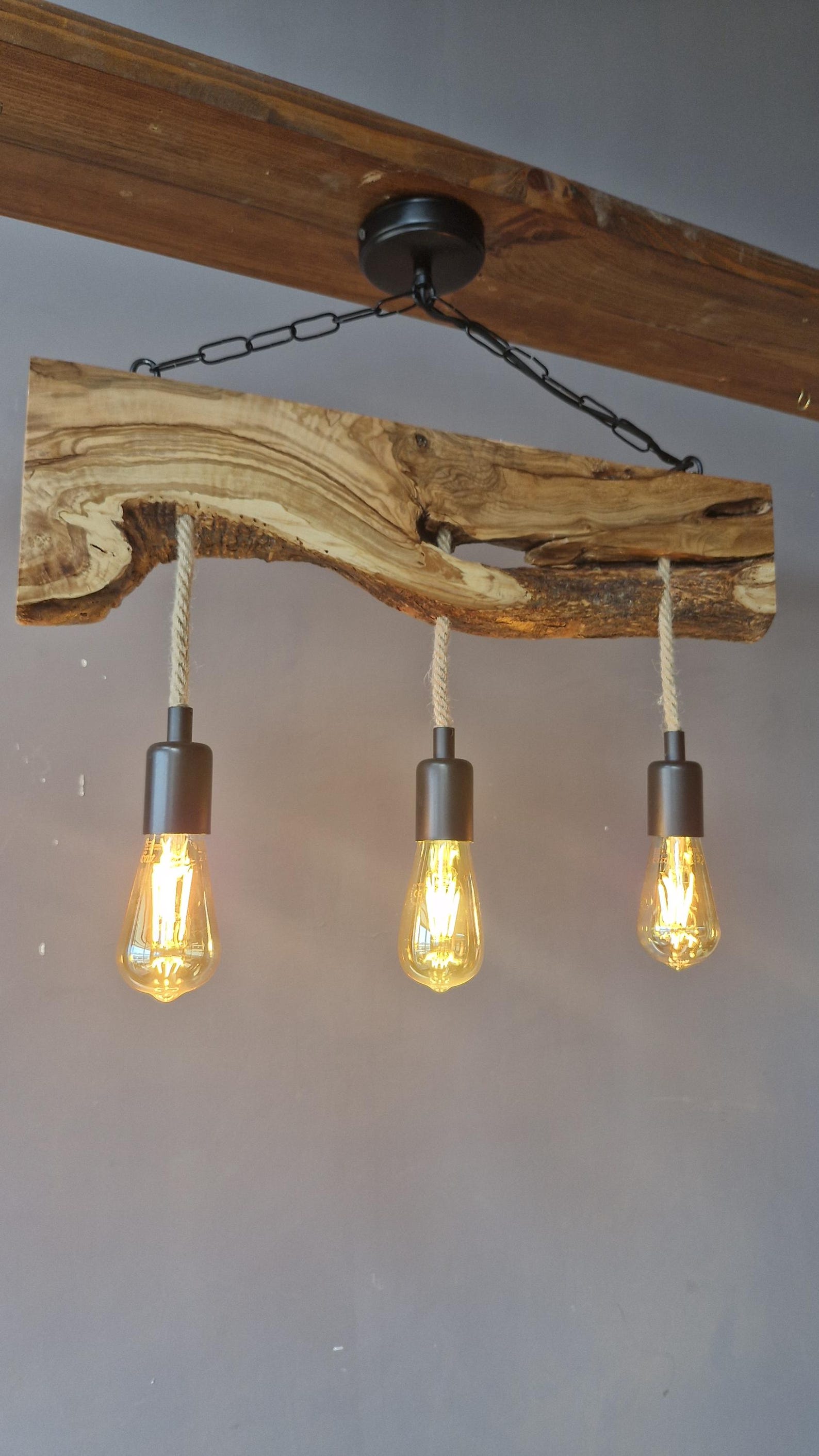 2 Bulbs Live Edge Olive Wood Light Fixture for Low Ceiling, Rustic ...