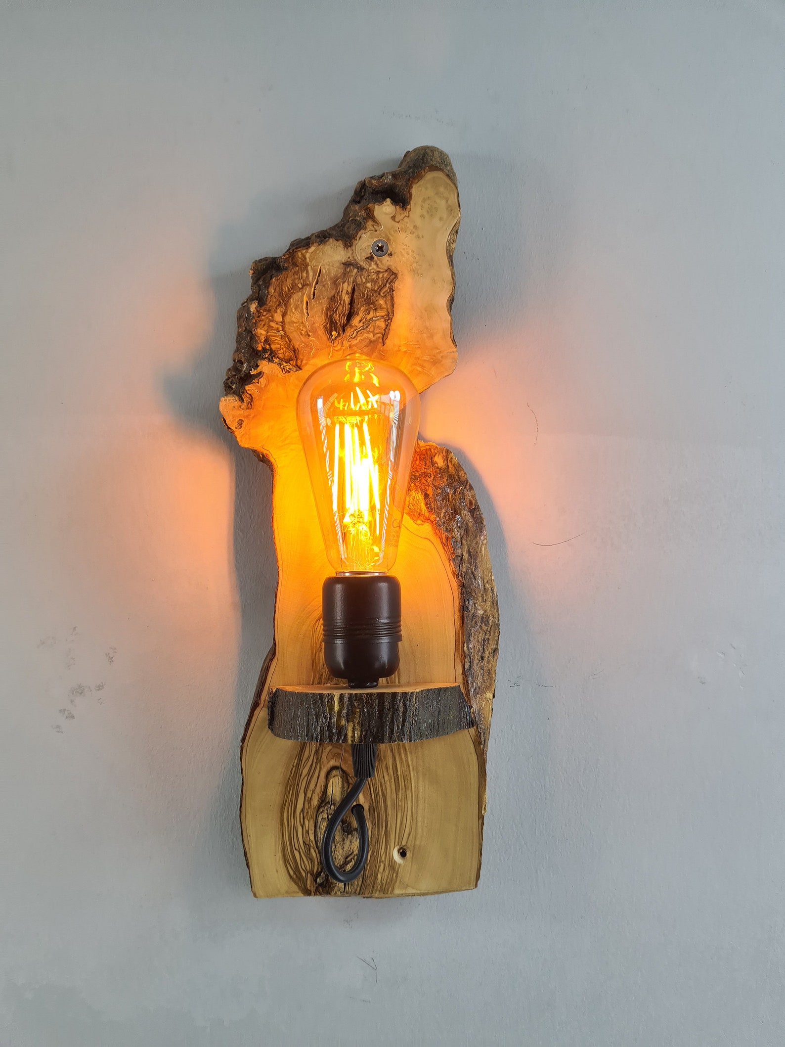 Live Edge Olive Wood Wall Light Fixture, Rustic Wooden Wall Lamp ...