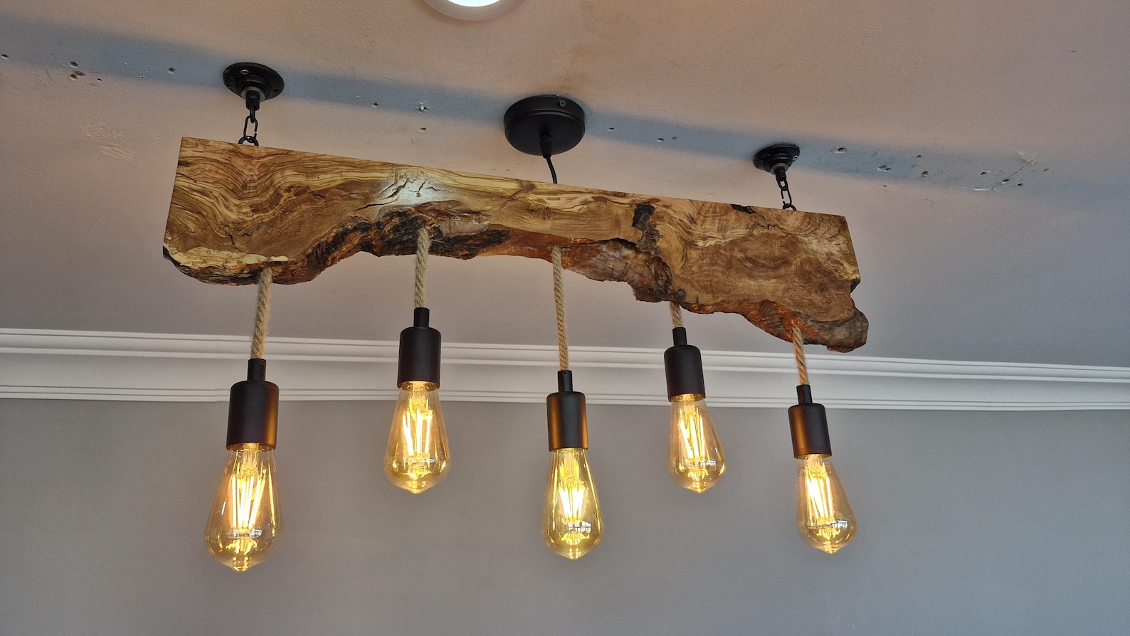 Olive Wood Chandelier for Low Ceiling, Live Edge Rustic Pendant Light ...