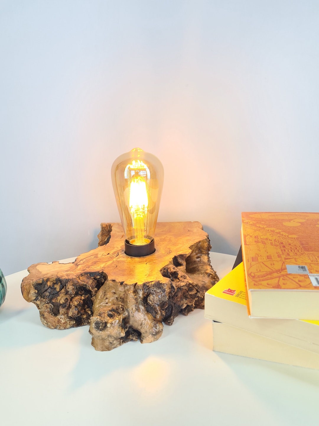 Live Edge Olive Wood Table Lamp, Wooden Farmhouse Desktop Lamp, Rustic ...