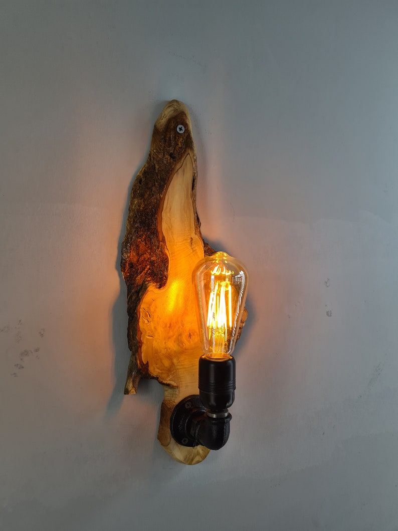 Live Edge Olive Wood Wall Light, Rustic Wall Lamp, Steampunk Wall ...