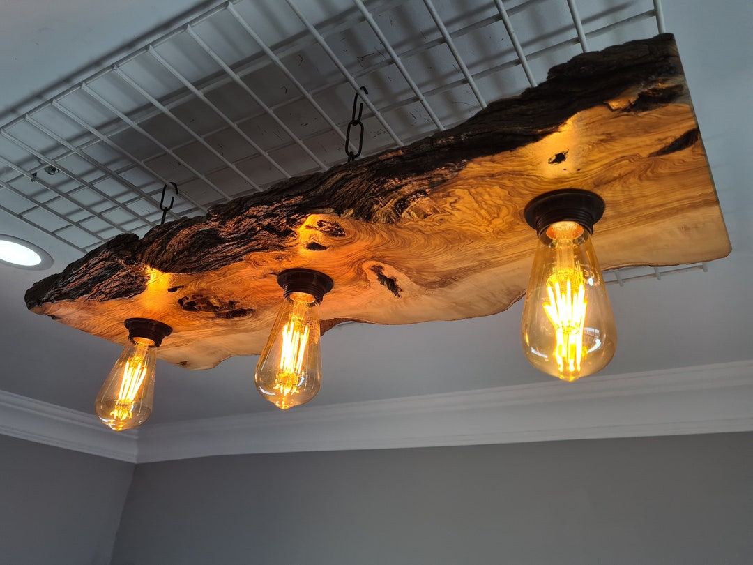Live Edge Olive Wood Slab Pendant Chandelier, Rustic Lighting Fixture ...