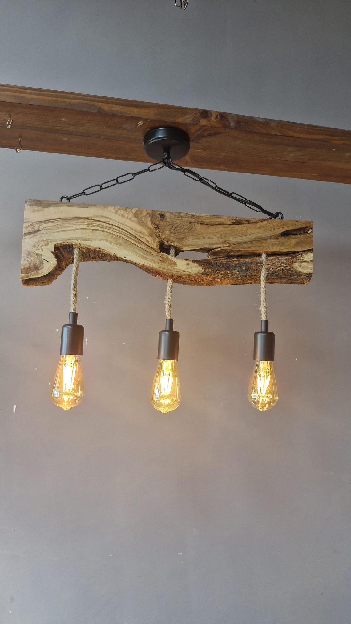 2 Bulbs Live Edge Olive Wood Light Fixture for Low Ceiling, Rustic ...