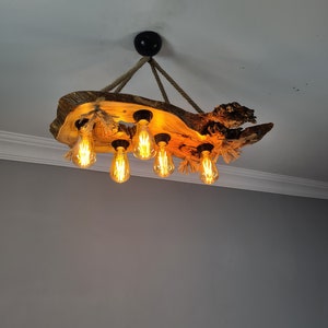Live Edge Olive Wood Slab Pendant Chandelier, Rustic Lighting Fixture ...