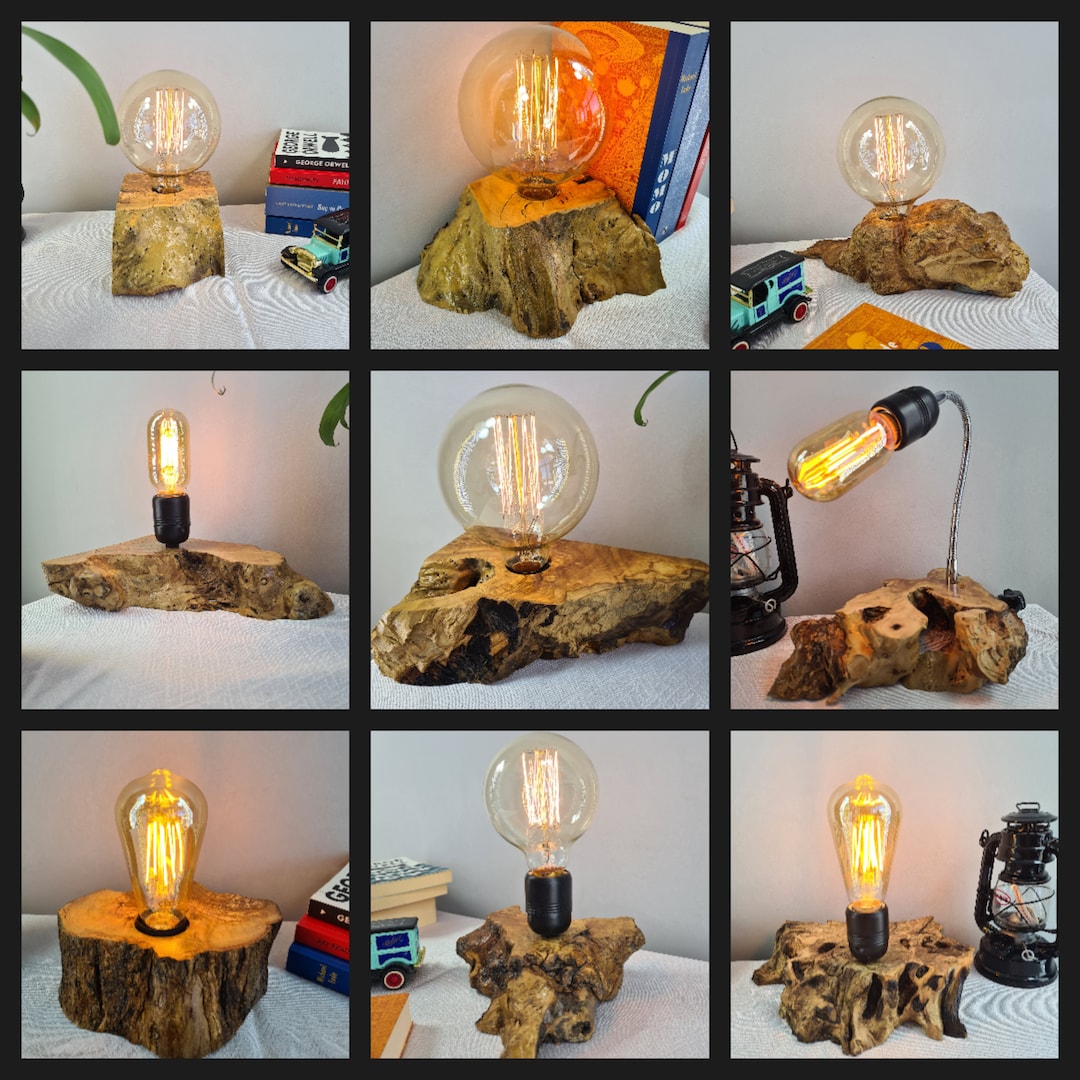 Live Edge Olive Wood Table Lamps, Wooden Burl Desktop Lamps, Curl Wood ...