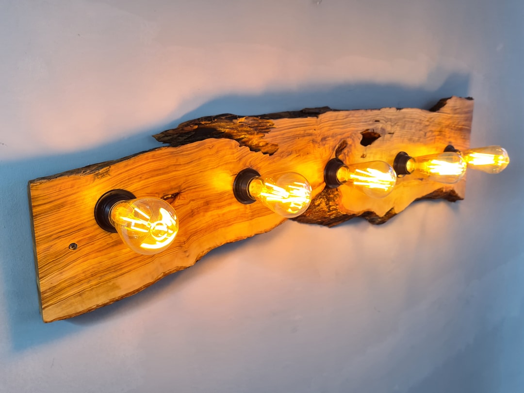Olive Wood Rustic Bathroom Vanity Lighting, Live Edge Wooden Wall ...