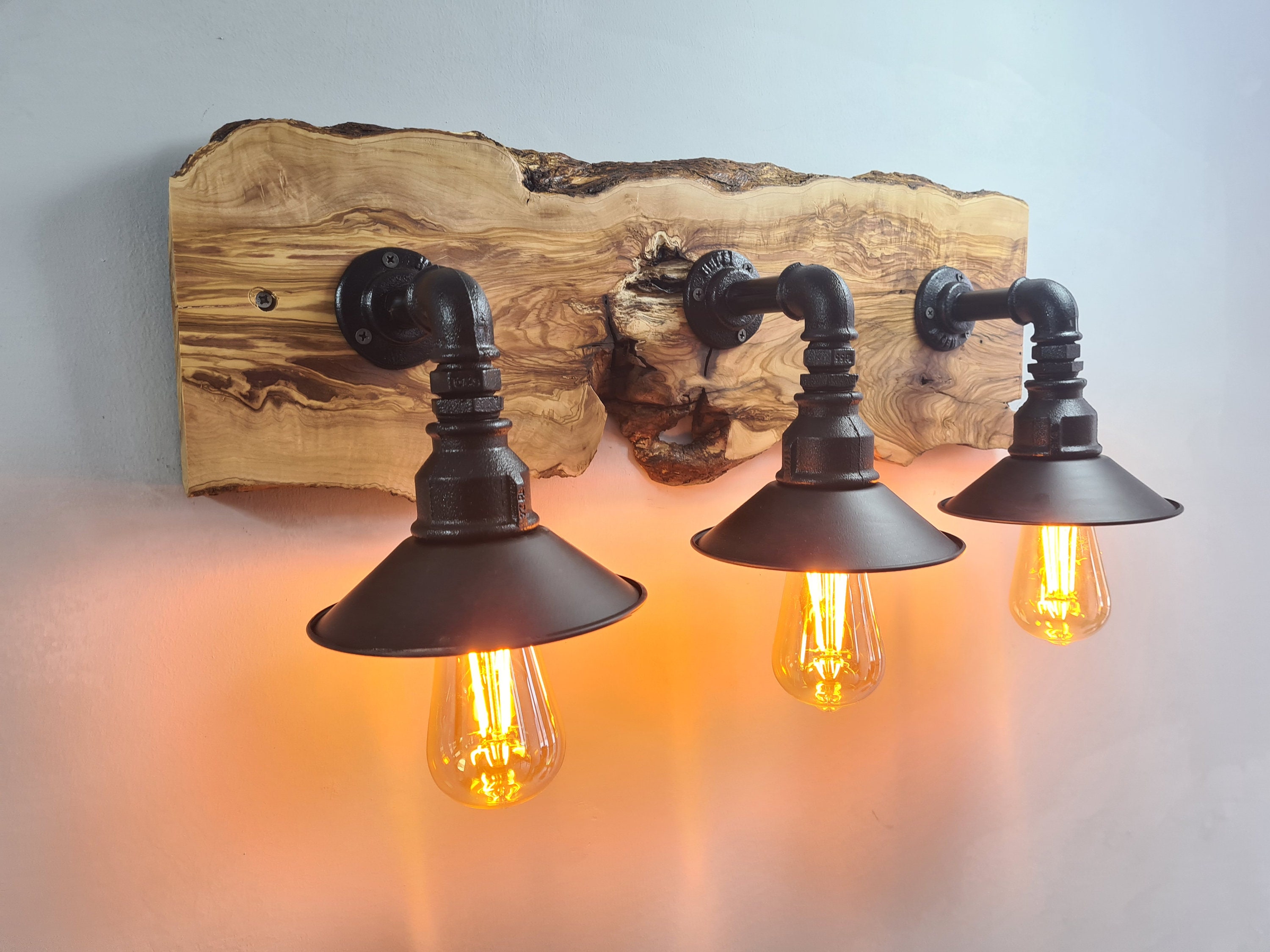Olive Wood Farmhouse Bathroom Vanity Lighting, Live Edge Wooden Wall ...