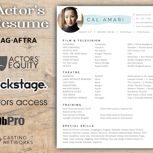 Actor Resume Template / 8 X 10 Acting Resume / Instant Digital - Etsy