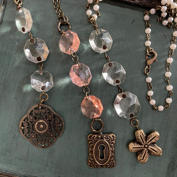 Vintage Chandelier Crystal Drop necklace Antique crystals Vintage Jewelry mothers day repurposed antiques upcycled jewelry Etsy