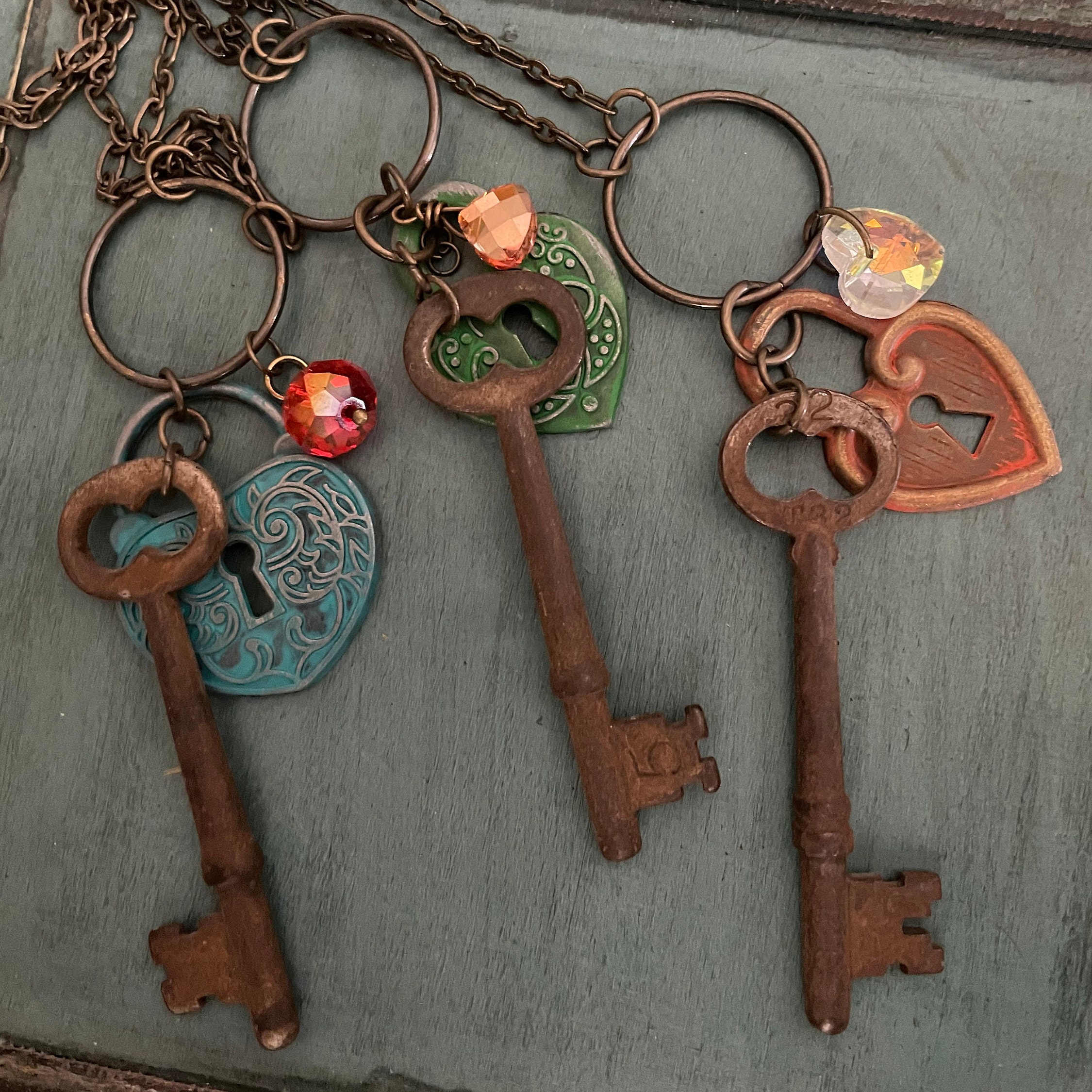 Vintage Skeleton Key With Heart Lock and Crystal Pendant, Antique ...