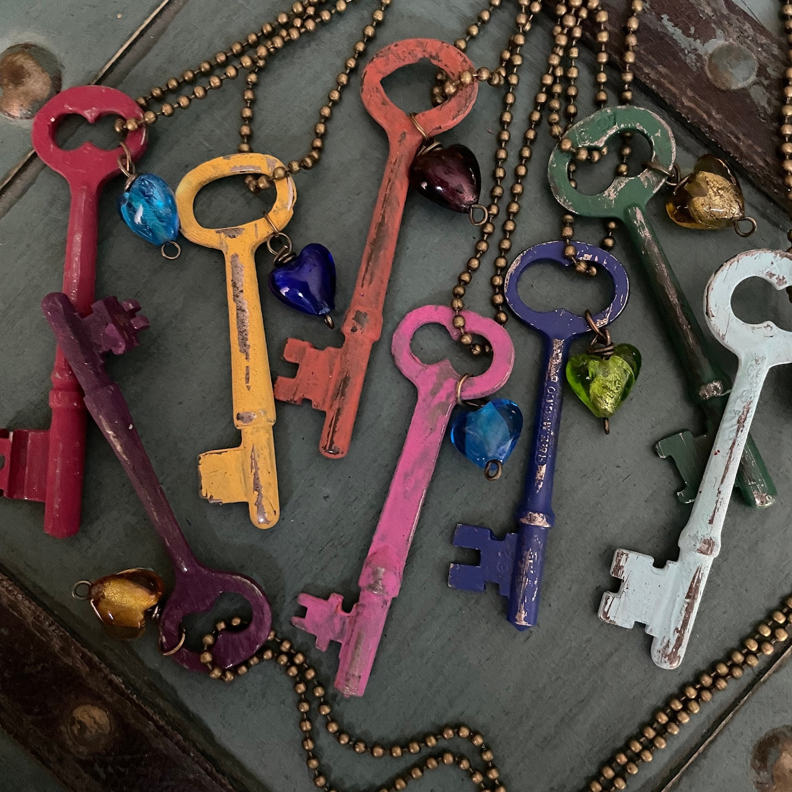 Vintage Skeleton Key Necklace, Colorful Murano Heart, Upcycled Antique ...