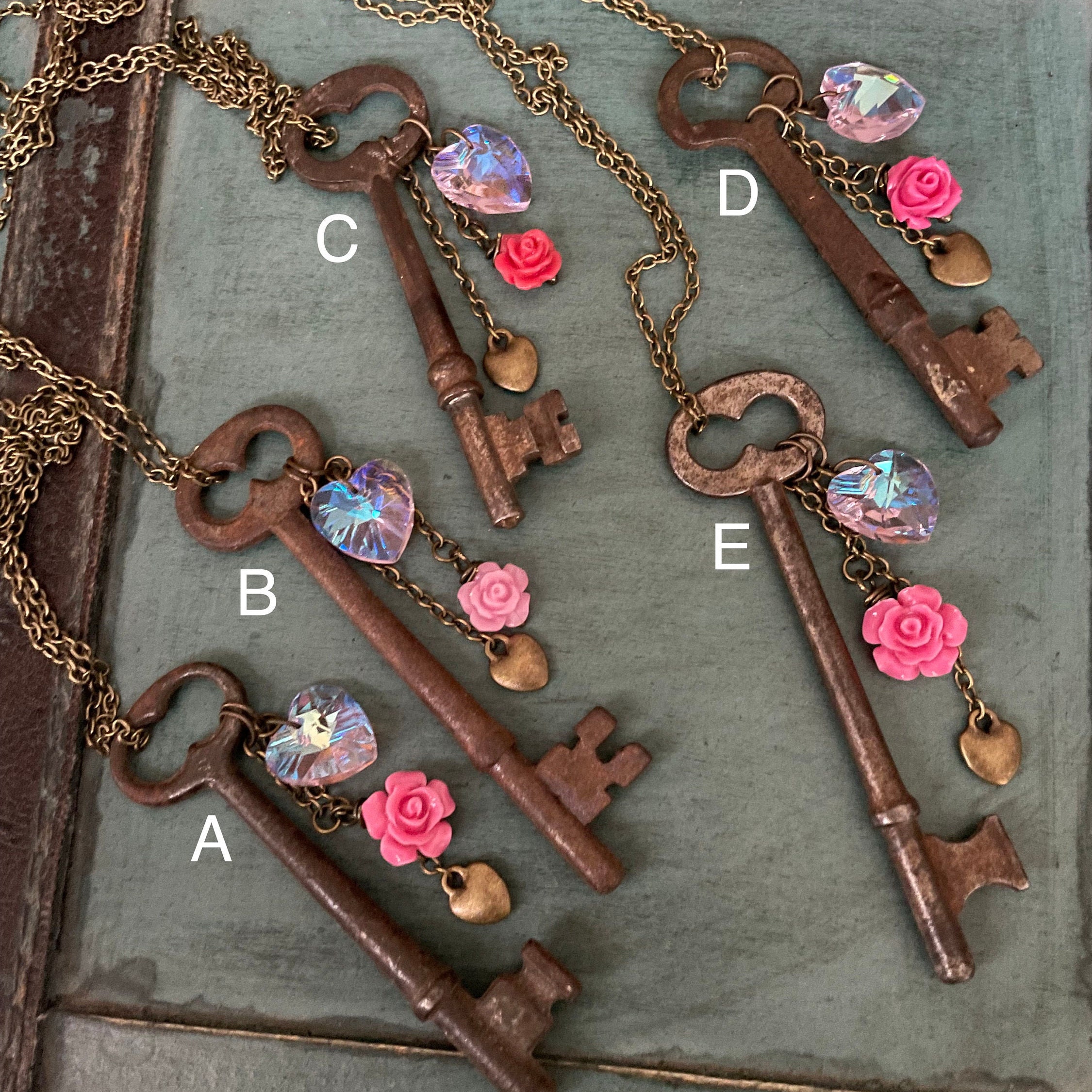 Vintage Skeleton Key Necklace With Heart Crystal, Pink Rose, Valentine ...