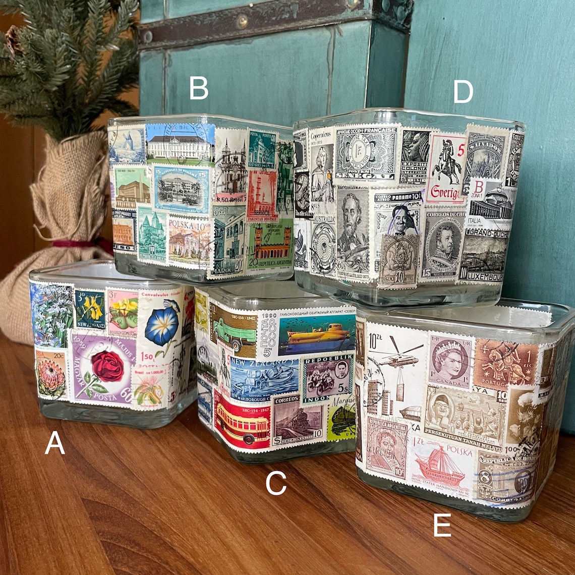 Vintage Postage Stamp Glass Cup, Planter, Candle Holder, Old Stamps ...