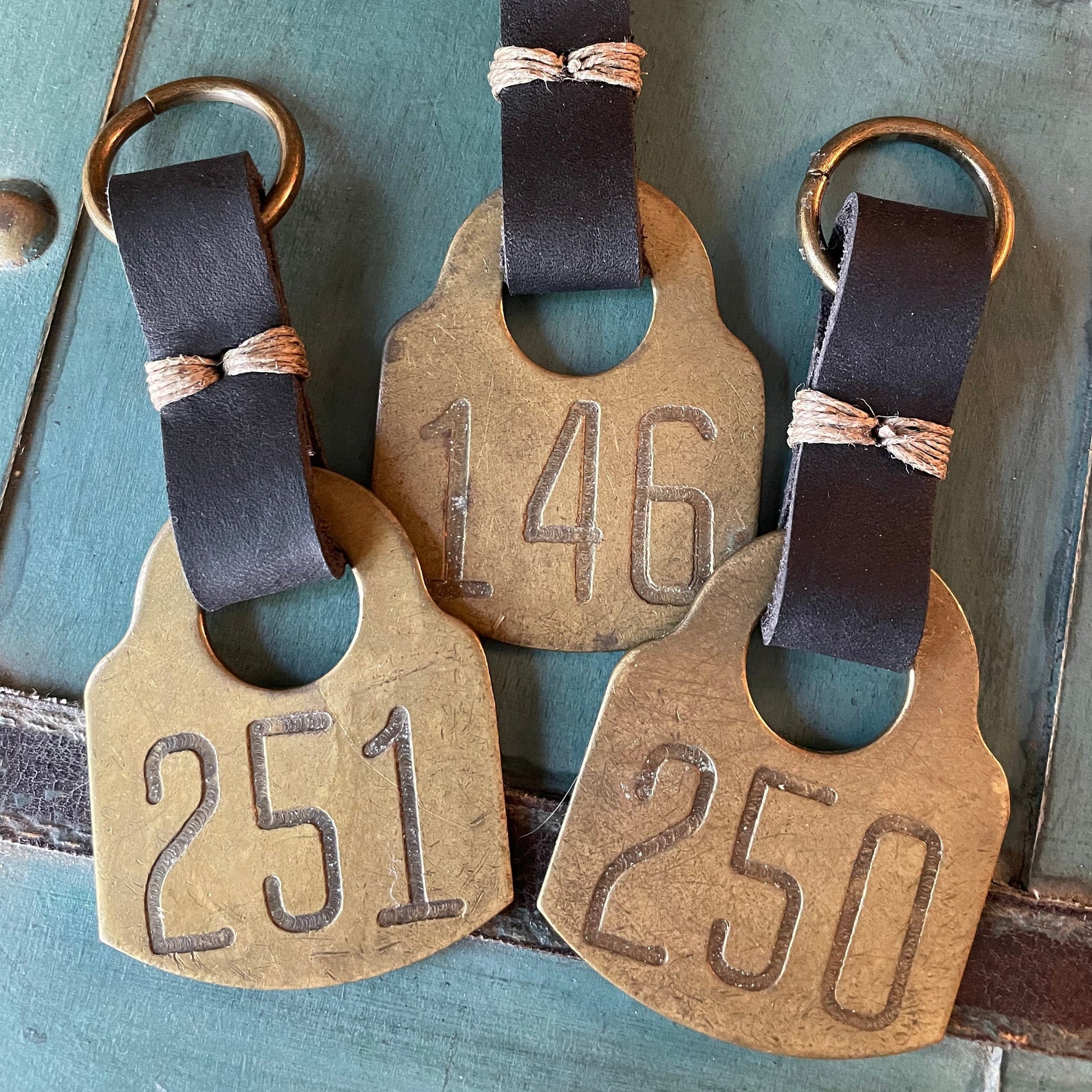 Vintage brass cow tag key fob antique farm leather key | Etsy