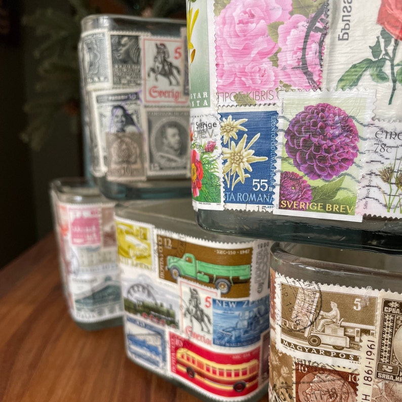 Vintage Postage Stamp Glass Cup, Planter, Candle Holder, Old Stamps ...