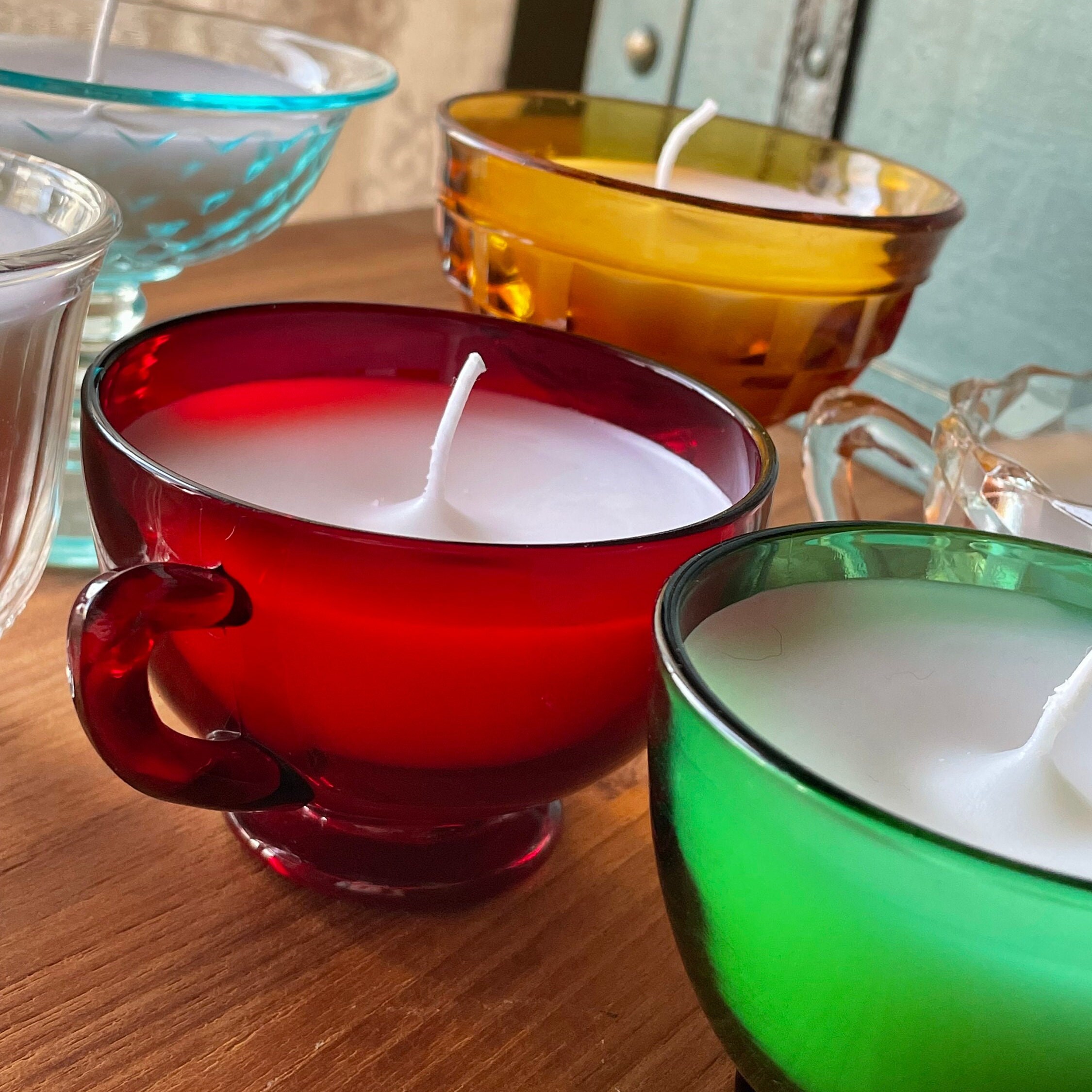 Vintage Glass Hand-poured Candles, Colored Glass, Unscented, Antique ...