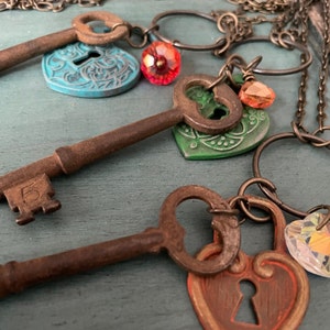 Vintage Skeleton Key With Heart Lock and Crystal Pendant, Antique ...