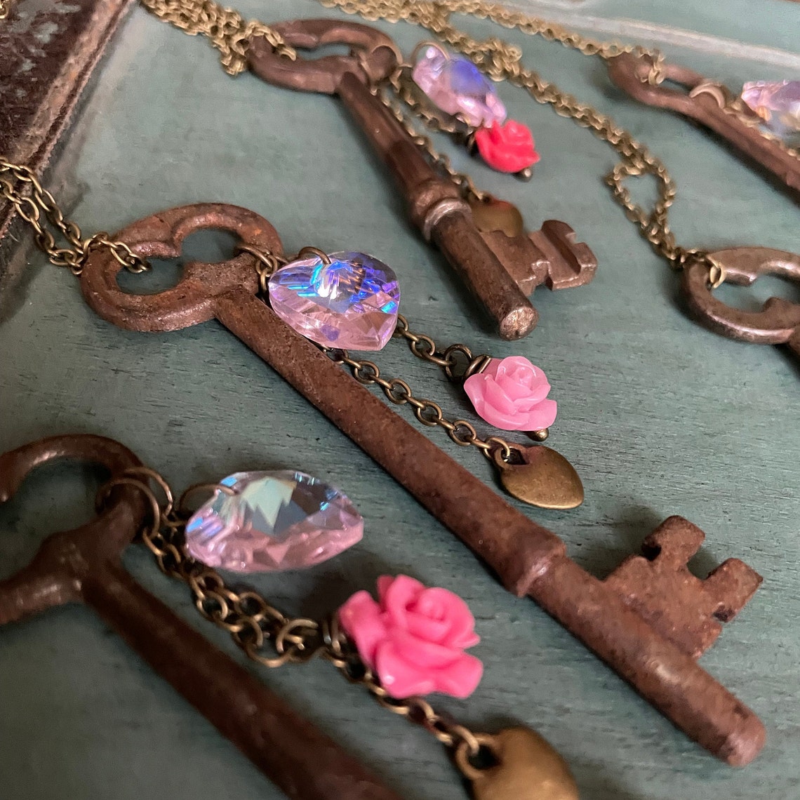 Vintage Skeleton Key Necklace With Heart Crystal, Pink Rose, Valentine ...