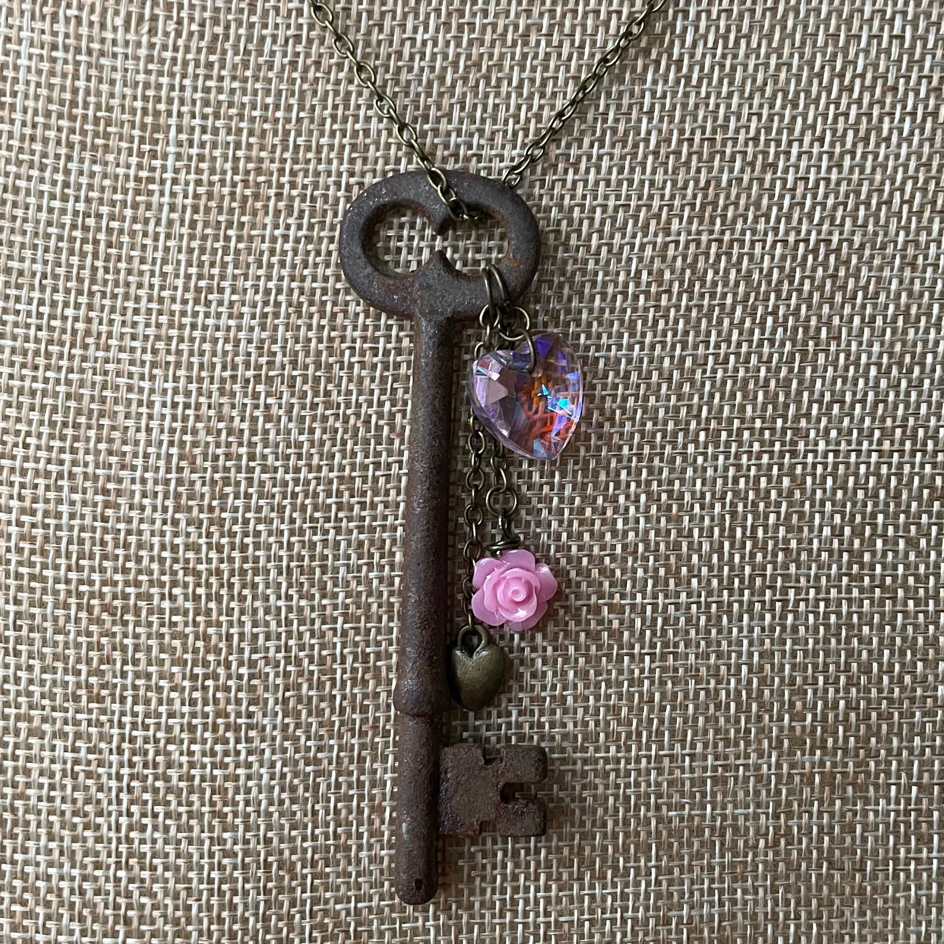 Vintage Skeleton Key Necklace With Heart Crystal, Pink Rose, Valentine ...